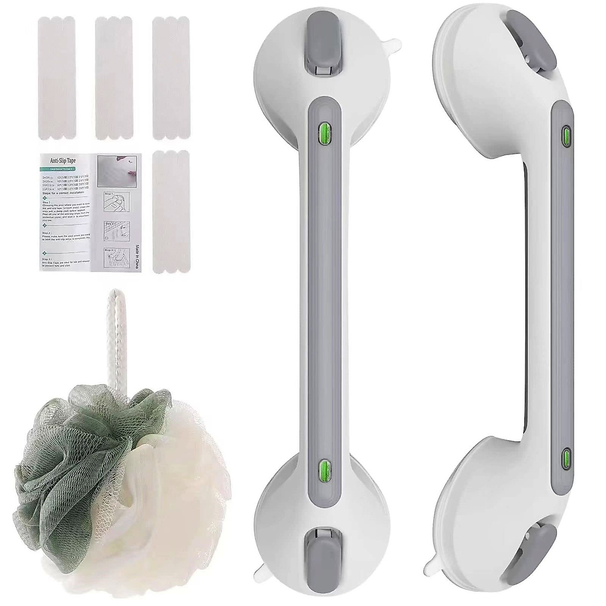 16 Inch Long Suction Grab Bar for Bathroom Indicator Light, Suction Shower Balance Assist Bar Support Rail Helping Handle for Tub Elderly Seniors Handicap Strong Suction Bathtub Grips Non Slip Sticker