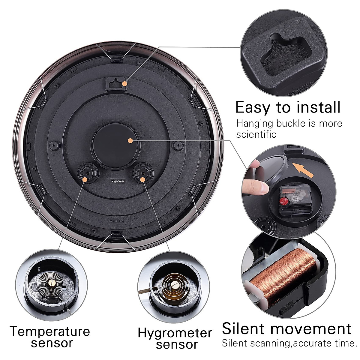 Vigorwise 16 inch Outdoor Wall Clock, Metal Waterproof Wall Clock with Temperature & Humidity, Large Non-Ticking Wall Clocks, Silent Wall Clock for Patio Garden Bathroom