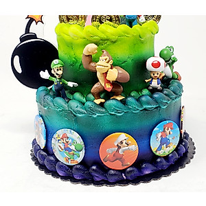 Mario Brothers 23 Piece Birthday Cake Topper Set Featuring Mario Castle, Bomb, Mario Coins, 6 Mario Figures Including Mario, Luigi, Princess Peach, Toad, Yoshi, Donkey Kong, and 12 Mario 1"