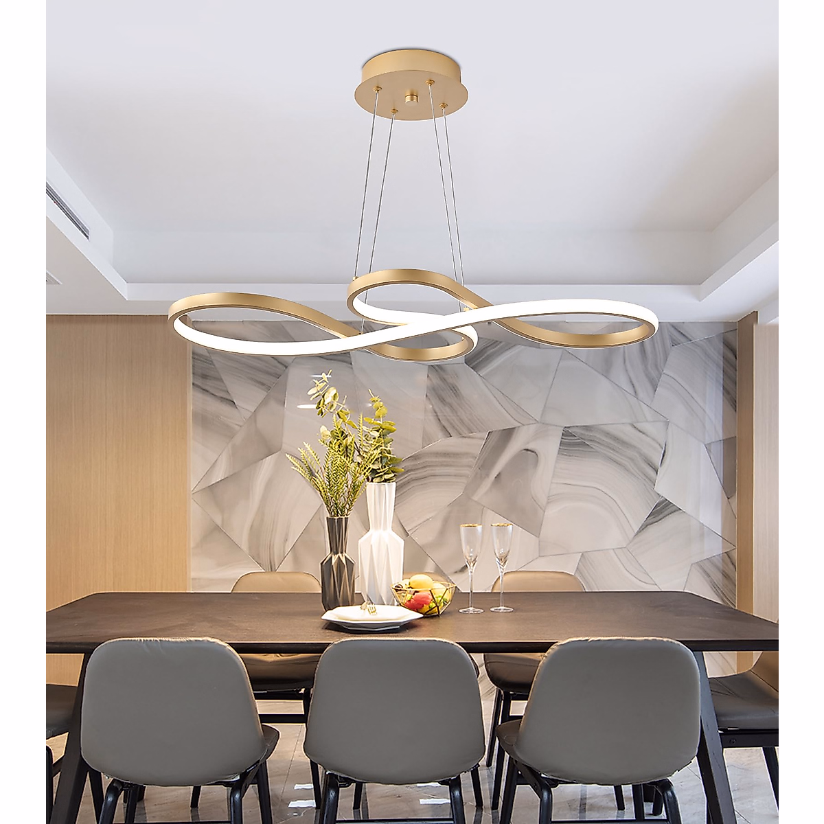 Q&S Modern LED Chandelier Gold Contemporary Light Fixtures Pendant Light Hanging Light for Dining Room Kitchen Island Dimmable Chandeliers with Remote Control 4000K-6000K L30 in