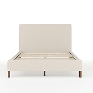 Martha Stewart Britta Platform Bed with Headboard & Footboard, Faux Linen Upholstery with Piping Detail, Rounded Headboard, No Box Spring Needed, Full, Beige