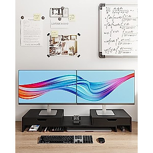 Epesoware Dual Monitor Stand Riser with Adjustable Length and Angle, Bamboo Computer Riser with 2 Extra Drawers, Desk Organizer for Laptop, Computer No Assembly Required