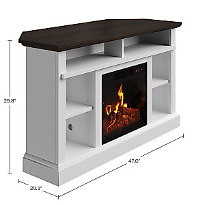 NORTHWEST Corner TV Stand with Electric Fireplace Fits 55-Inch TVs - Console with Storage Cabinet, Remote, Adjustable Heat, and LED Flames (White)