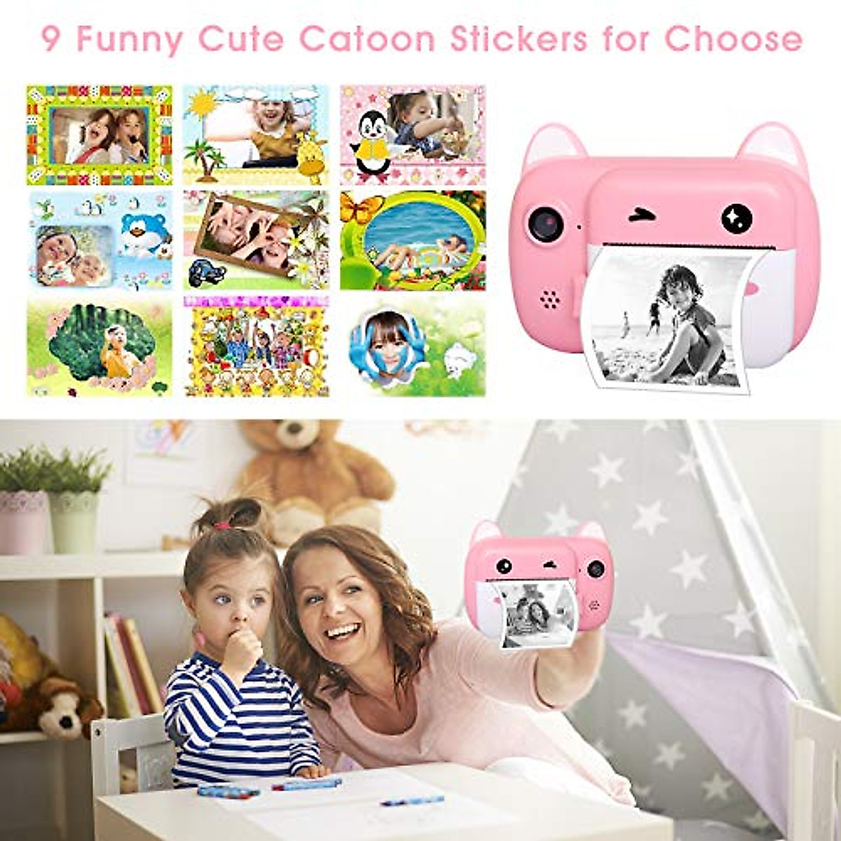Instant Print Camera for Kids, Upgrade Selfie Kids Camera, Digital Zero Ink Video Camera with 3 Rolls Print Paper Camera, 1000 mAh, Dual Lens,1080P HD Video Recorder for Girls and Boys Gifts (Pink)