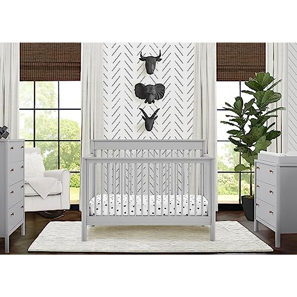 Delta Children Remy Crib 6-Piece Baby Nursery Furniture Set–Includes: Convertible Crib, Dresser, Changing Top, Crib Mattress, Sheets, & Changing Pad, Grey