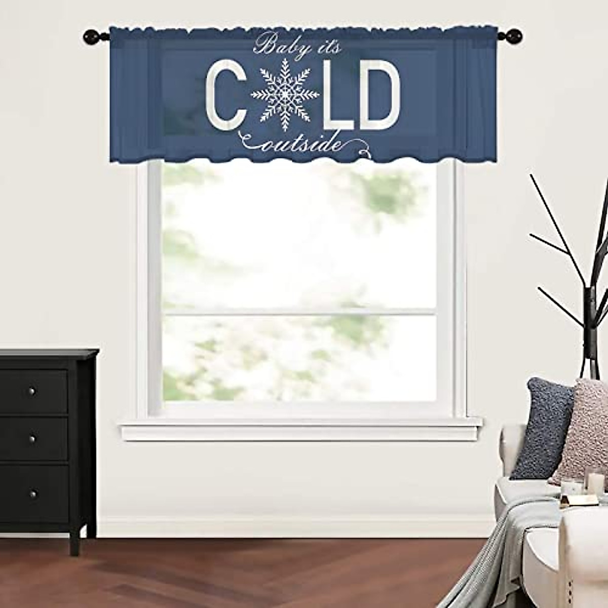 Jacekidy Sheer Valances for Windows, Christmas Valance Curtains Rod Pocket Short Kitchen Valance for Living Room Bedroom Cold Winter Snowflakes Blue Backdrop, 54 x 18 Inch