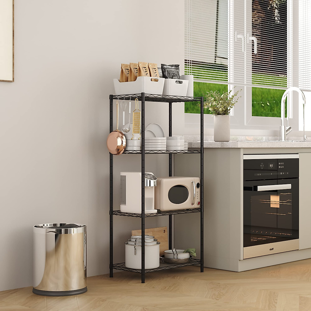 HOMEFORT 4-Shelving Unit, Adjustable Wire Shelving, Metal Wire Shelf with Shelf Liners and Hooks for Kitchen, Closet, Bathroom, Laundry, Black,21" W x 11" D x 43" H