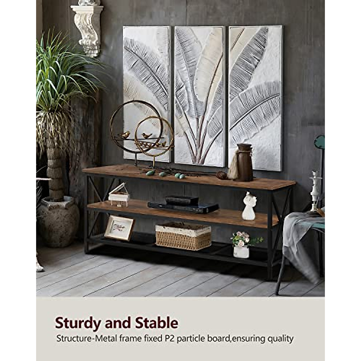 WEENFON Wood TV Stand for 55 Inch TV, 47 Inch Metal TV Table with Adjustable Leg, Unique Rustic Storage Shelve for Living Room, 3-Tiers TV Console for Bedroom, Rustic Brown