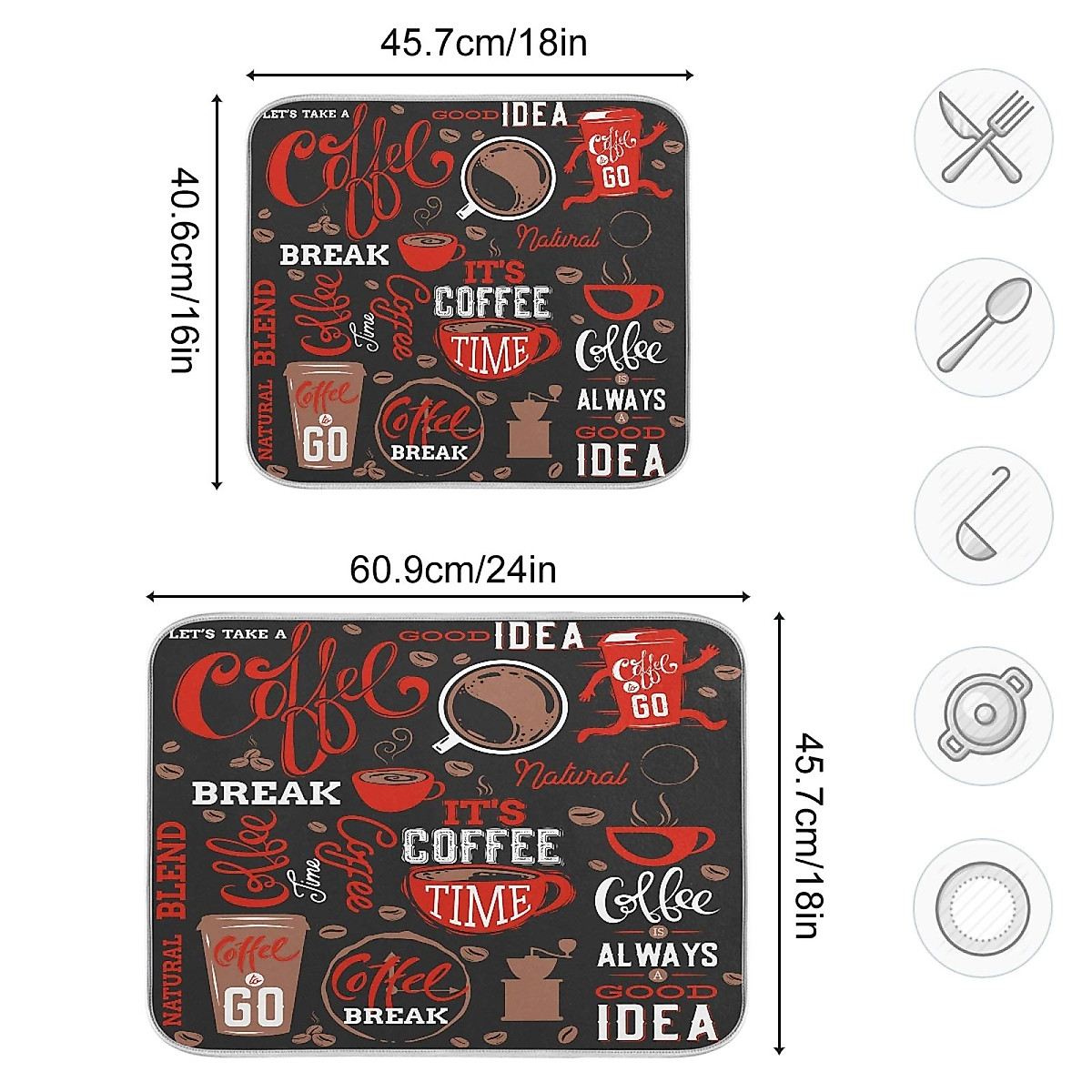 Coffee Theme Beans Dish Drying Mat for Kitchen Counter 16 x 18 Inch Absorbent Microfiber Dry Dishes Mats Drainer Mat Dish Drying Pad for Countertops