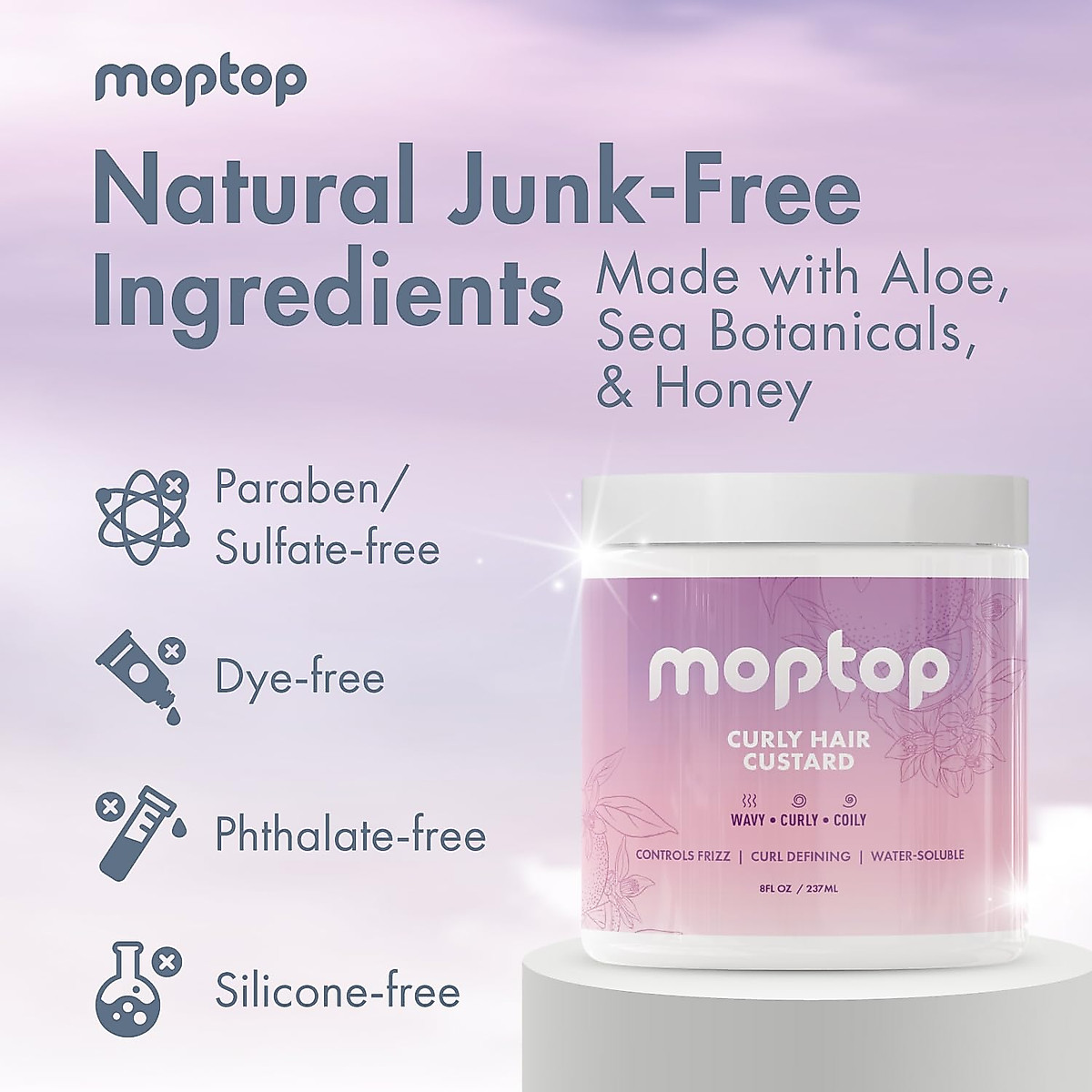 MopTop Curly Hair Custard Gel for Waves, Coils & Kinks - Anti-Frizz Curl Moisturizer, Definer & Lightweight Activator with Aloe, Great for Dry Hair, 8oz