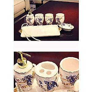 Ceramic Bathroom Five-Piece Set, Three-red Pomegranate Drill Dental Ware, Mouth Cup, Bathroom Washing Set (Color : Blue)
