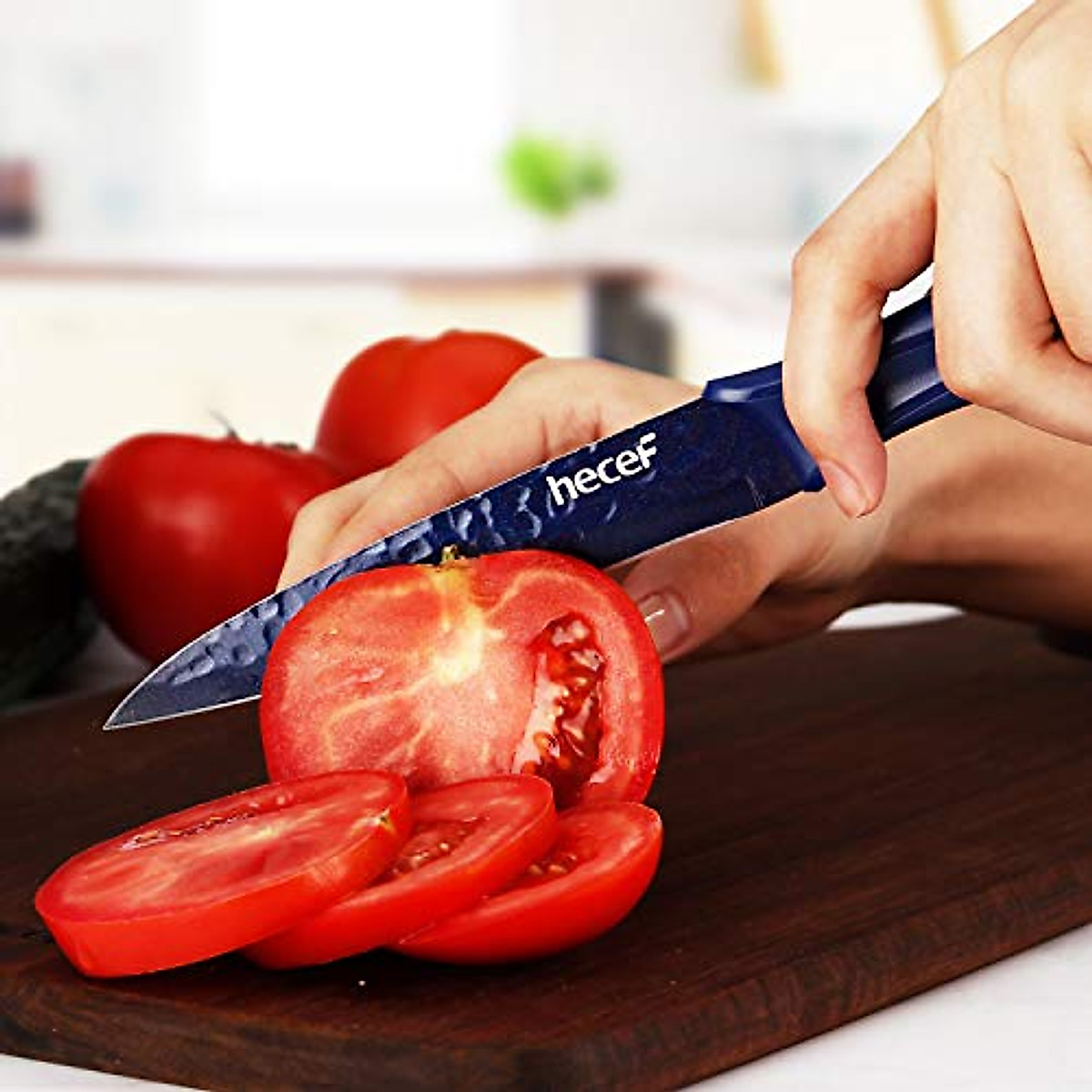 hecef Galaxy Blue Kitchen Knife Set of 5, Non-slip Metallic Ceramic Coated Chef Knife Set, Hammered Blade with Plastic Handle and Protective Blade Sheath