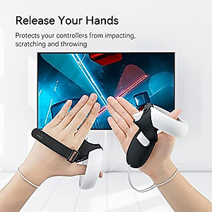 KIWI design Upgraded Controller Grips Cover Compatible with Quest 2 Accessories, with Battery Opening Protector with Knuckle Straps (Black)