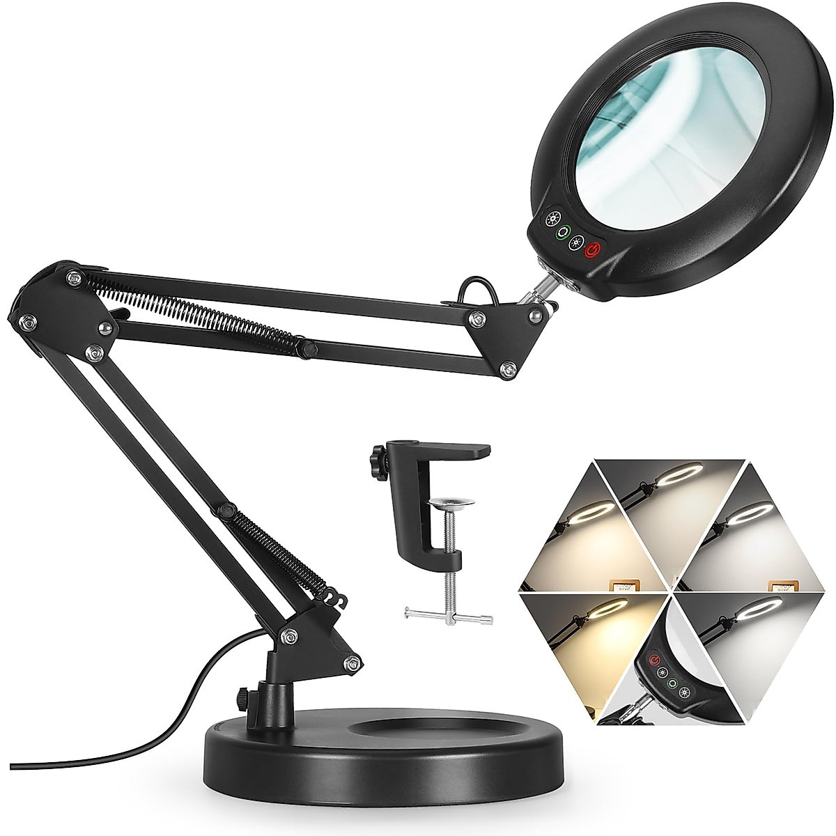 Veemagni 10X Magnifying Glass with Light, 5 Color Modes Stepless Dimmable 2-in-1 Desk Lamp and Clamp, LED Lighted Magnifier with Light and Stand, Hands Free for Craft Repair Hobby Painting Close Work