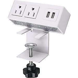 Desktop Edge Power Strip, Removable Clamp Power Outlet Socket with USB Port, 6.5 ft Extension Cord Connect 2 Plugs for Home Office Reading (White)