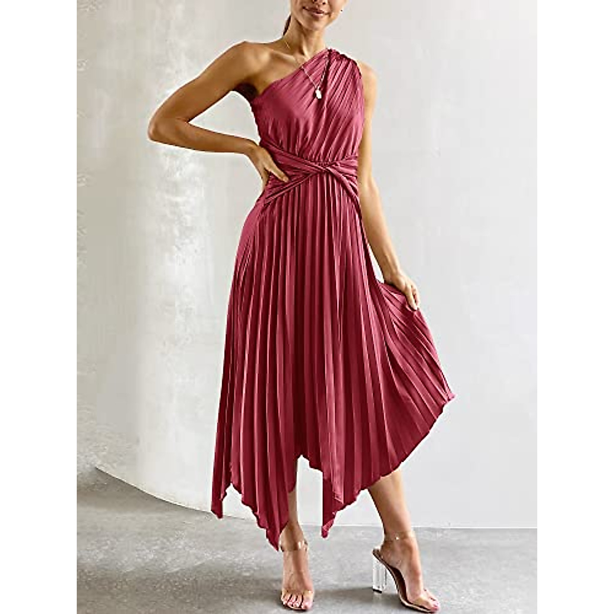 ANRABESS Women's Summer One Shoulder Elegant Cocktail Party Midi Dress Sleeveless Pleated Asymmetric Satin Evening Night Dress Wedding Guest Graduation Prom Dresses 751zaohong-S Maroon