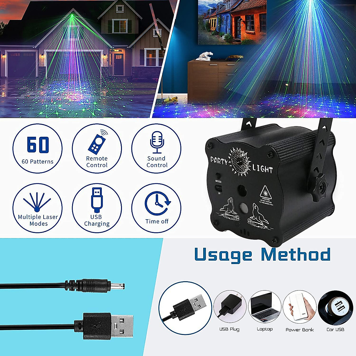 Laser Lights for Party - Laser Light Show Projector for Christmas Halloween, Disco Ball DJ Lights, Sound Activated Strobe Light Background Party Light Decor Glow Party Supplies