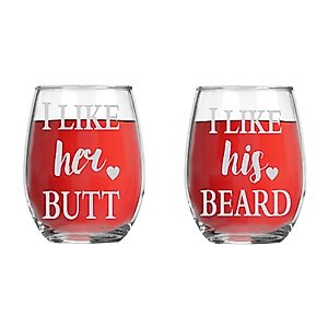 I Like His Beard, I Like Her Butt - 15oz Crystal Wine Glasses - Couples Stemless Wine Glasses – His And Hers Gifts Ideas For Anniversary, Weddings, Bridal Showers