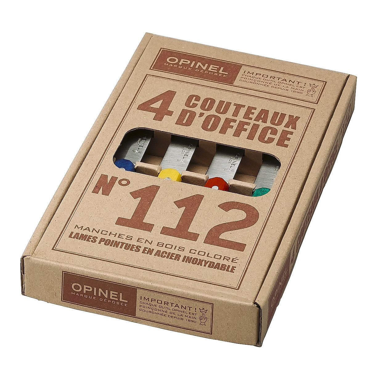 Opinel No. 112 Paring Knives Box Set, 4 Piece Paring Knife Set, High Carbon Steel for Chopping, Peeling, Slicing, Trimming, Painted Hornbeam Handles, Made in France (Classic), One Size, (001233)