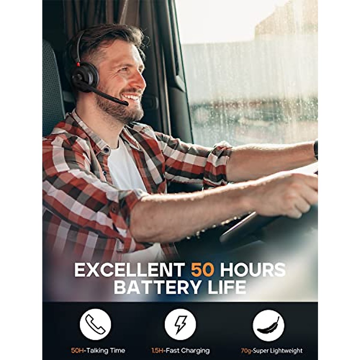 Tribit Bluetooth Headset, Wireless Headset with Microphone Qualcomm CVC 8.0 AI Noise Canceling for Trucker Office, 50H Talk Time Mute Button Headset with Adapter for Computer Cell Phones, CallElite81