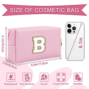Personalized Initial A-Z Preppy Patch Makeup Bag,Small PU Chenille Letter Cosmetic Bag with Zipper for Teen Girls,Pink Cute Toiletry Organizer Bag,Monogram Makeup Case Gift for Women Girls,Letter B