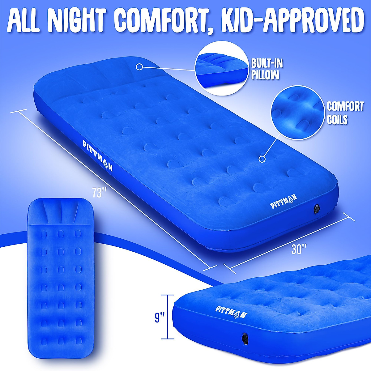 Pittman Outdoors Twin Kid's Air Mattress with Portable Battery Powered Air Pump with Fun Travel Backpack, Blue (PPI-BLU_KIDMAT)