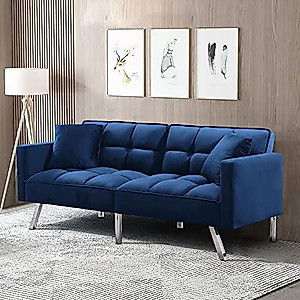LCH Modern Tuft Futon Couch Convertible Loveseat Sleeper Reclining Sofa Bed Twin Size with Arms and 2 Pillows for Living Room, Light Grey, Navy Blue