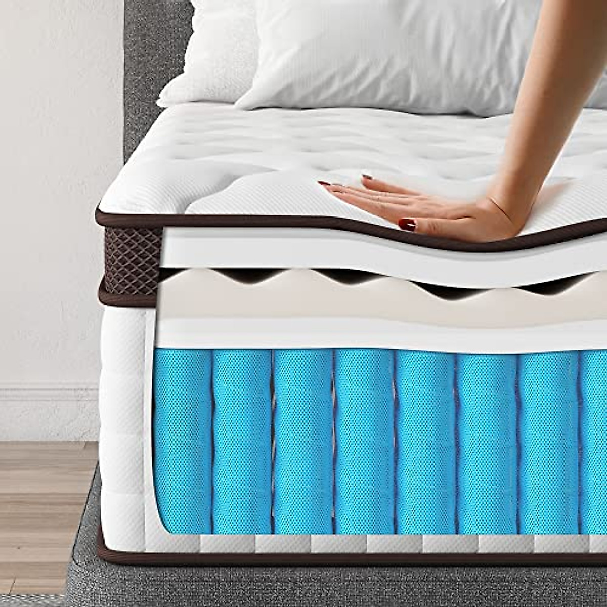 Kescas Queen Size Mattress, 12 Inch Hybrid Mattress with Memory Foam & Heavier Coils, Ergonomic Design for Pressure Relief, Medium Firm Feel