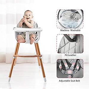 IKARE Wooden Natural Baby High Chair W/Removable Tray & Safety Harness, 3-in-1 Infant Highchair/Booster/Kid Chair | Grows with Your Child | Adjustable Legs | Modern Wood Design (Gray)