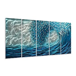 Yihui Arts Hand Crafted Blue Sea Wave 3D Metal Wall Art - Coastal 5 Panel Aluminum Sculpture for Big Abstract Office, Hallway, Fireplace, and Home Decor