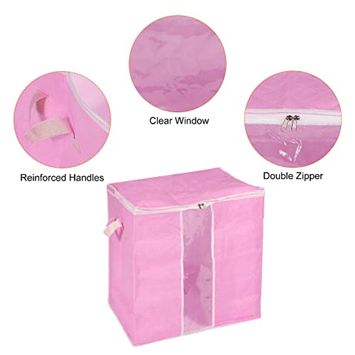 uxcell Clothes Storage Organizer Bag with Reinforced Handle 4pcs, Comforters Storage Bag for Clothes, Bedding, Blankets, Foldable with Sturdy Zipper-Pink