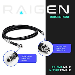 RAIGEN-400 N Type Female to RP-SMA Male - Helium Miner Cable 10ft Low Loss Extension for LoRa Antenna HNT Hotspot Nebra RAK Bobcat Syncrob Sensecap WiFi 4G LTE 10-100ft (10ft N-Female to SMA-Male)