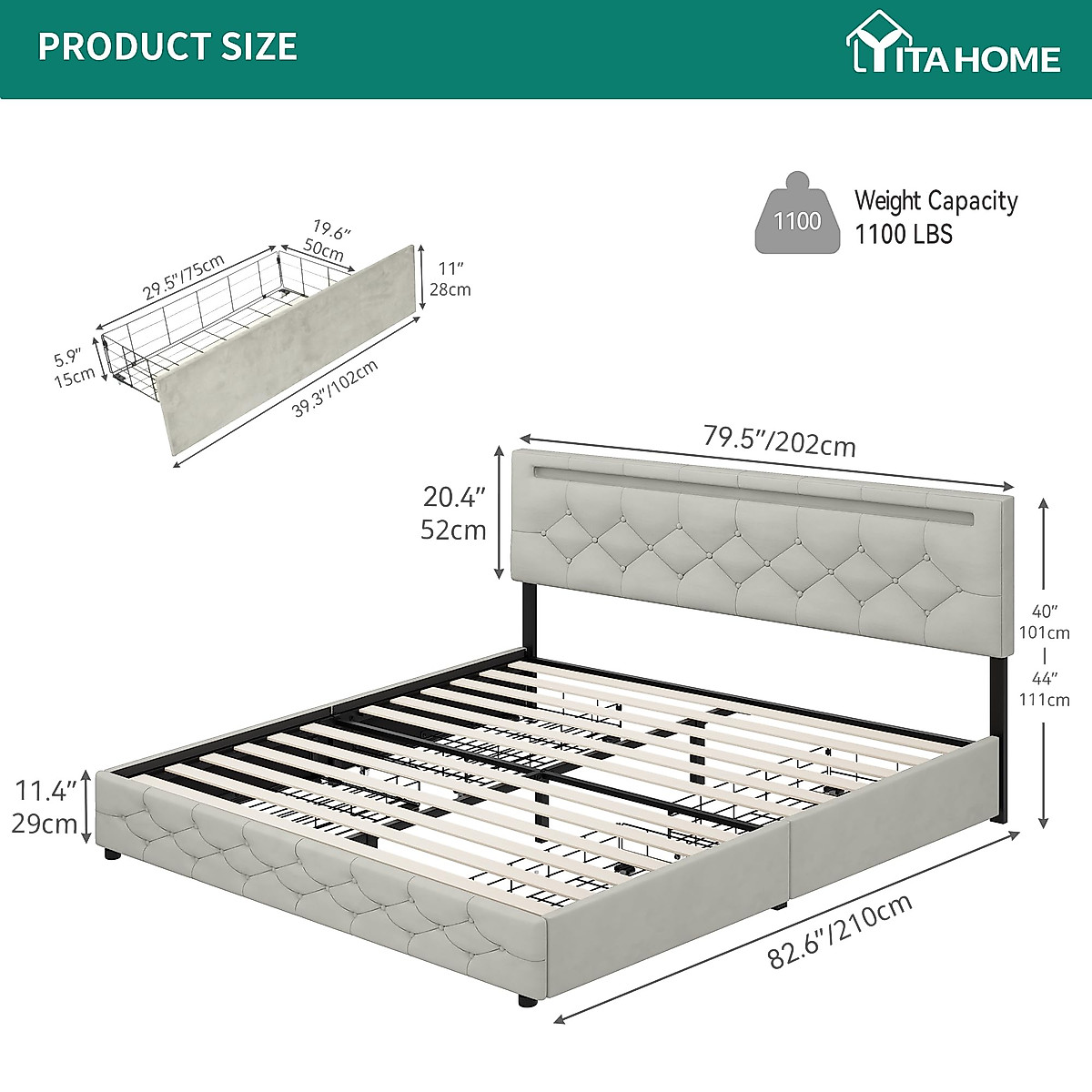 YITAHOME LED Bed Frame King-Size, Upholstered Platform Bed with Adjustable Headboard & LED Lighting, Storage Bed Frame with 4 Drawers, Wooden Slat Support, No Box Spring Required, Gray