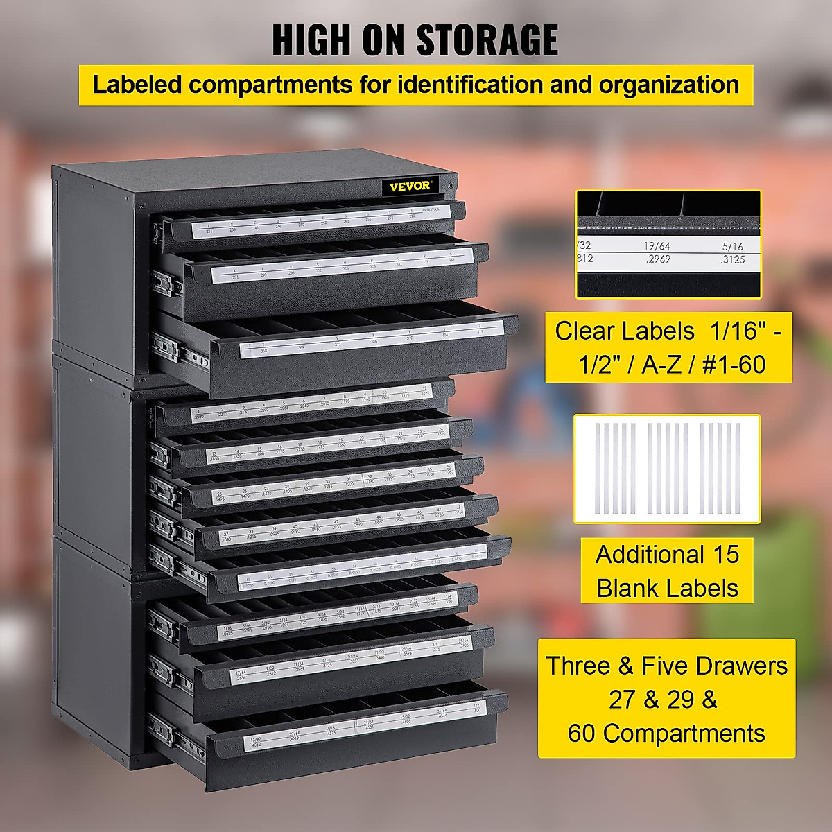 VEVOR Drill Bit Dispenser Cabinet Set, Three-Drawer for 1/16" to 1/2" & Letter Sizes A to Z, Five-Drawer Drill Bit Organizer for Wire Gauge Sizes #1 to #60, 3 Pieces