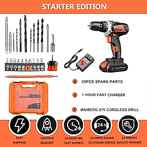 MAIBERG Screw Gun Cordless Driller, Electric Power Drill Cordless with 21V Battery, 1hour Charger, Cleaning Brush, 3/8" Keyless Chuck, 2 Variable Speed and Bits for Drilling Wood Metal