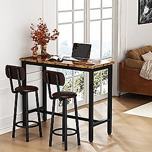 AWQM Bar Table Set of 2,39.3" Pub Height Table & 2 PU Upholstered Stools with Backrest,Industrial 3 Piece Breakfast Bar Table Sets,for Living Room,Kitchen,Bar,Rustic Brown & Black & Brown