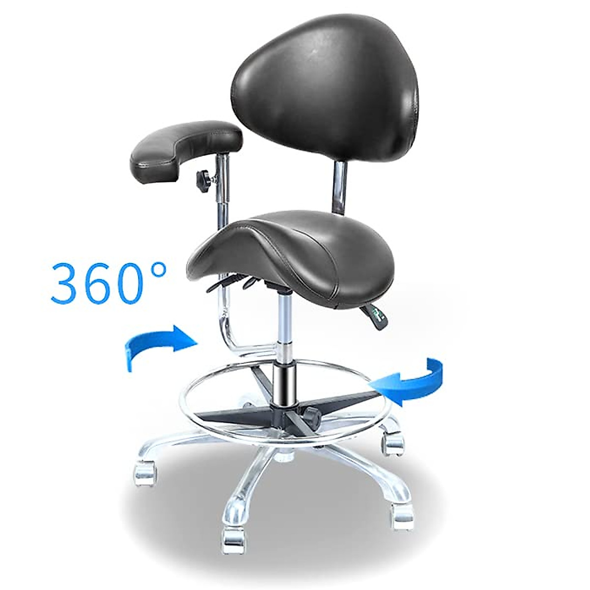 DenFactory Saddle Shape Stool with Backrest Pu Leather Chair Ergonomic Adjustable Swivel Saddle Dental Chair
