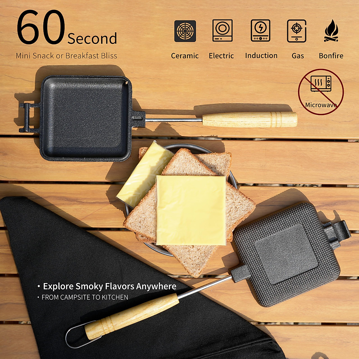 CretFine Cast Iron Pie Maker Breakfast Sandwich Maker Panini Grill Press for Stovetop Camping Handheld Pudgy Hobo Pie Toastie