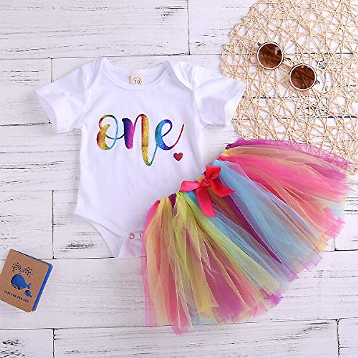 Baby Girls' 1st Birthday Tutu Dress Short Sleeve Colours One Romper Top Lace Skirt Clothes Outfit 2Pcs (Colours, 12-18 Months)