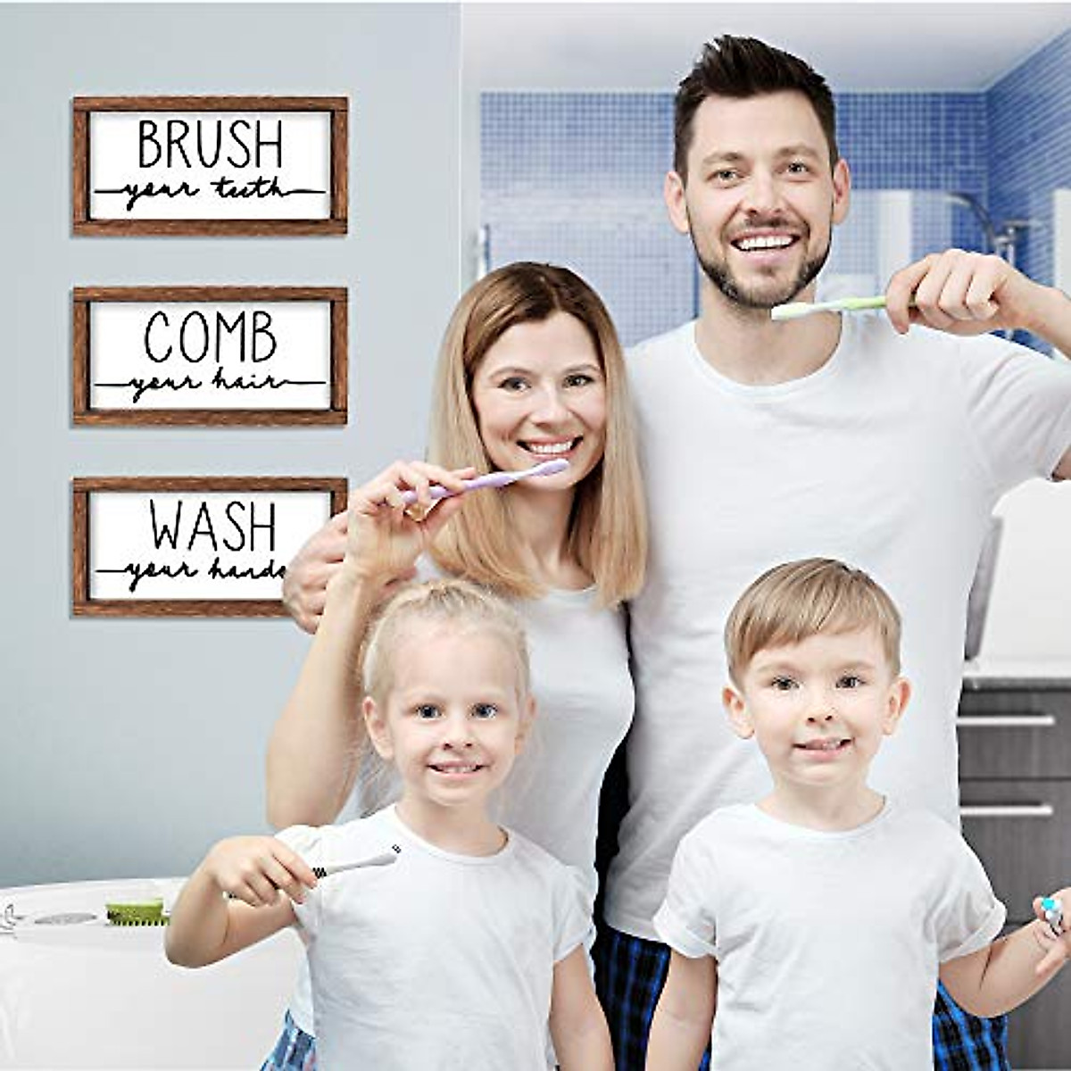 LIBWYS Bathroom Sign & Plaque (Set of 3) Wash Your Hands Brush Your Teeth Comb Your Hair Decorative Rustic Wood Farmhouse Bathroom Wall Decor (White)