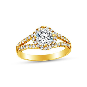Size - 4 - Solid 14k Yellow Gold Round Cut Halo Wedding Engagement Ring with Side Stones, CZ Cubic Zirconia (1.5 ct.)