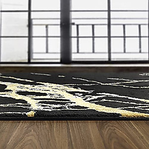 Antep Rugs Babil Gold 2x7 Marble Abstract Modern Indoor Runner Rug (Black, 2' x 7')