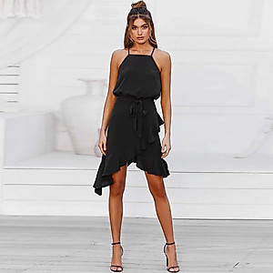 Shakumy Women Casual Sleeveless Halter Neck Boho Print Mini Dress Ruffle Irregular Hem Party Beach Tunic Short Dress