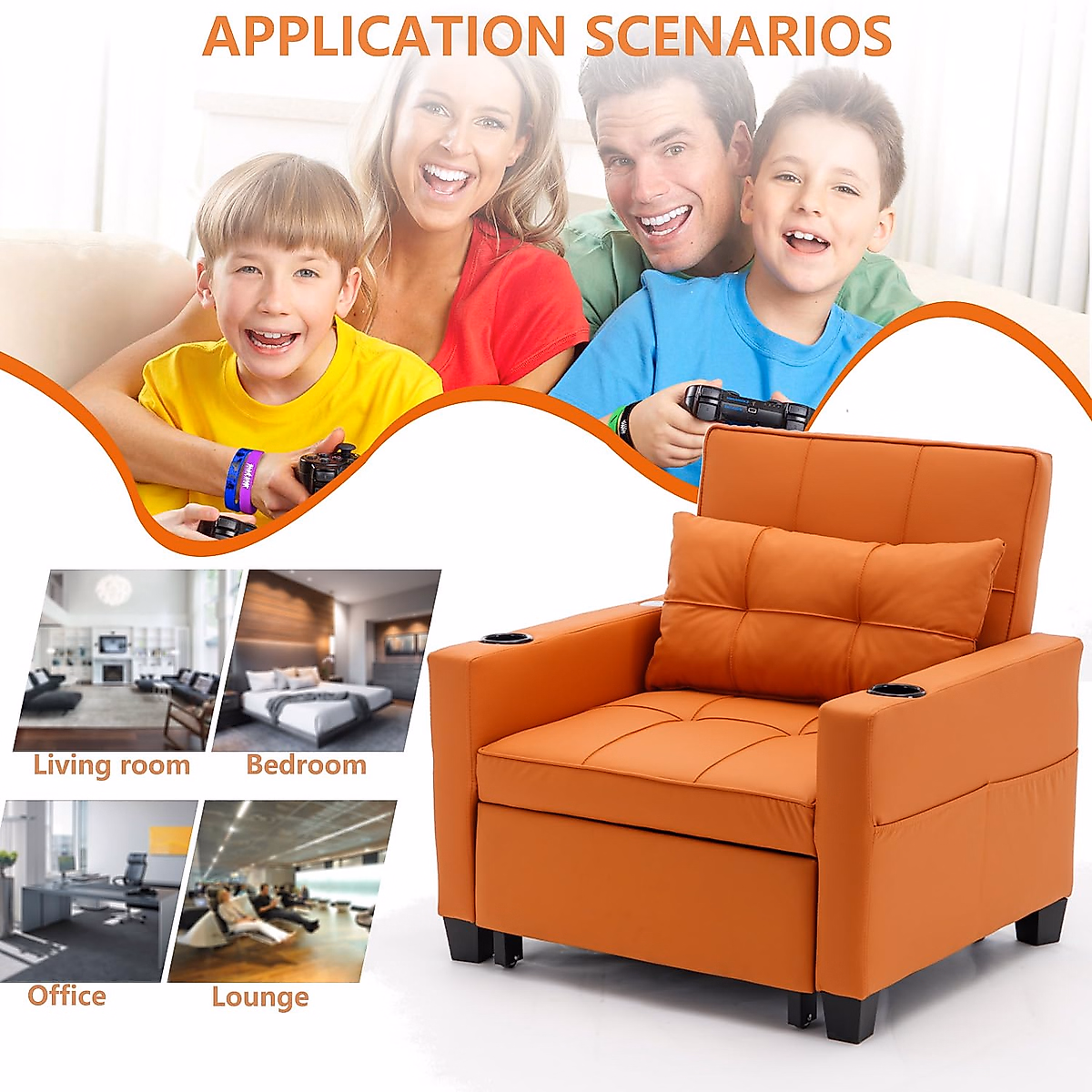 3-in-1 Convertible Sofa Bed Sleeper Chair, Leather Upholstered Pull Out Sleeper Chair with Adjustable Backrest, USB Ports, Cup Holders & Side Pockets for Living Room Apartment Small Space, Orange
