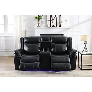 Power Loveseat Recliner Couch with console, Faux Leather Reclining Dual Recliners with LED Lights, Comfort Stretch Love Seat Recliner Sofa, Movie RV Theater Seating Chairs for Living Room, Home, Black
