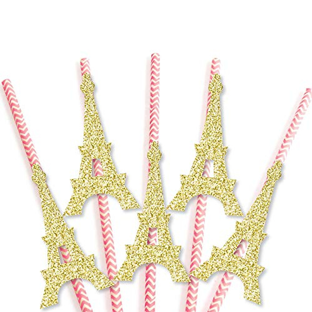 Gold Glitter Eiffel Tower Party Straws - No-Mess Real Gold Glitter Cut-Outs and Decorative Paris Themed Baby Shower or Birthday Party Paper Straws - Set of 24