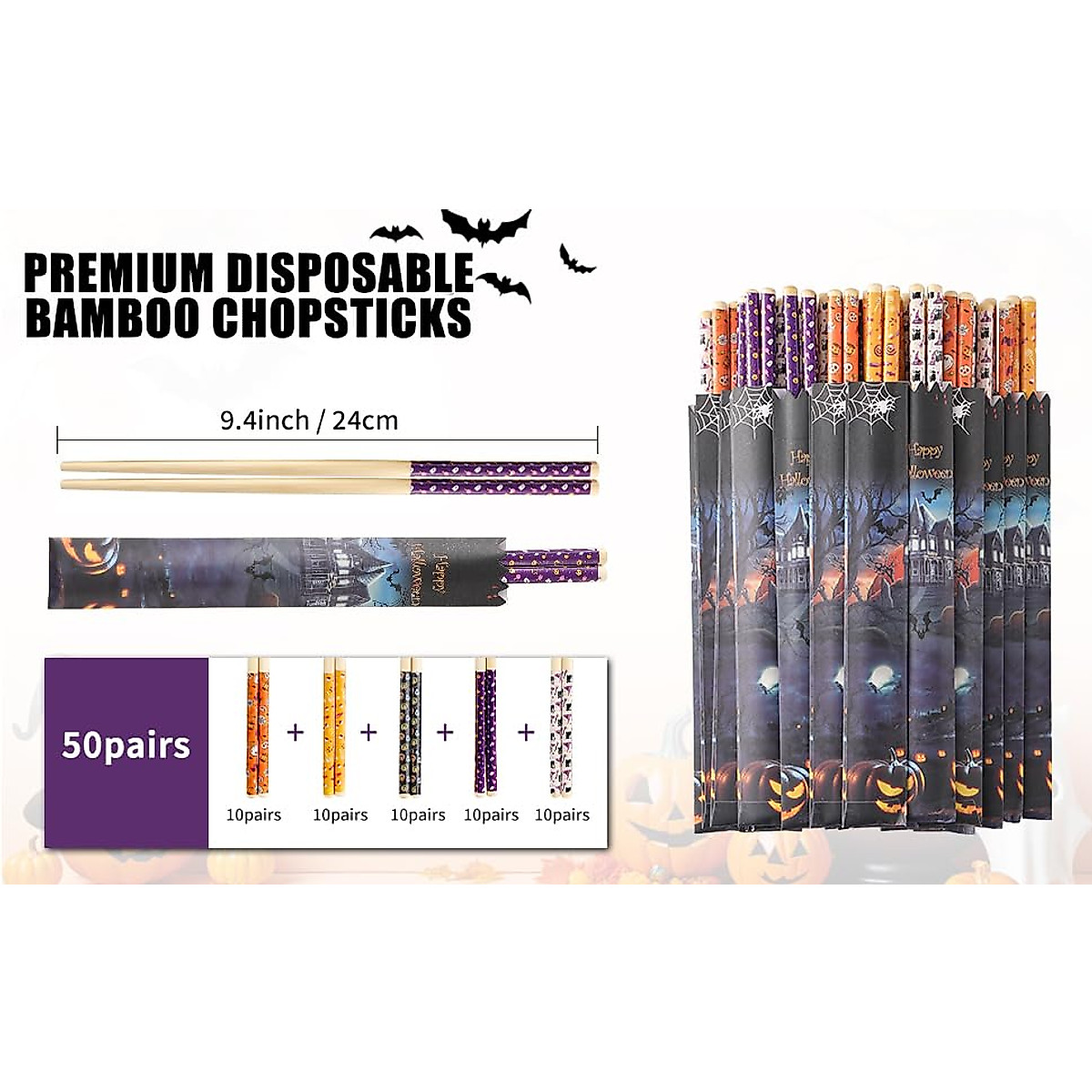 Halloween 50 Pairs 9.4Inch Bamboo Disposable Chopsticks - Sleeved and Separated, Party Gifts