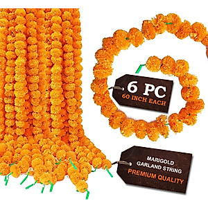 SATVIK 6 PC (5feet/60 inch) Artificial Marigold Flowers Garland for Puja Indian/American Indoor/Outdoor Party Decoration for Diwali, Christmas, Wedding, Halloween, Mantle, Spring Bush Faux Orange