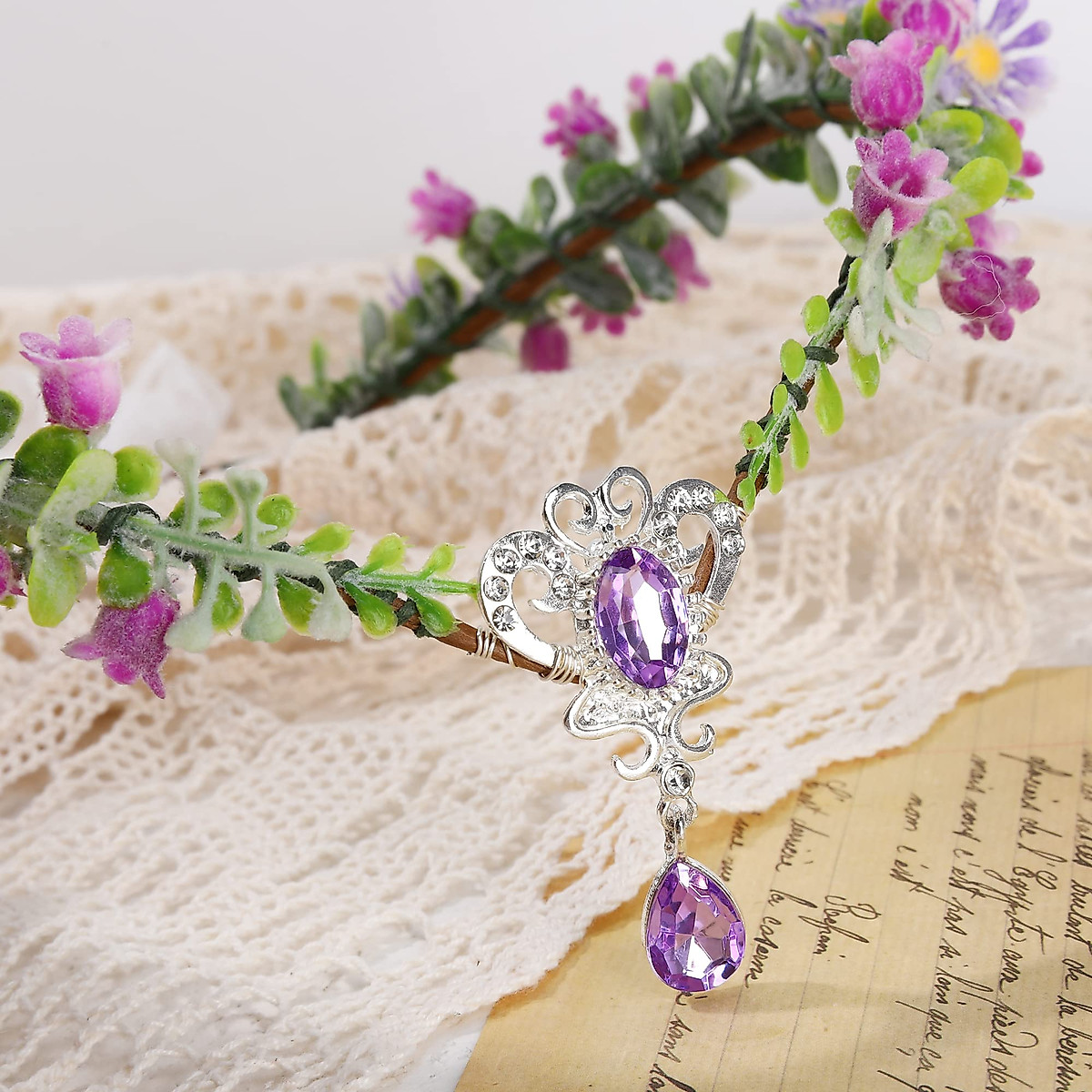 MOSTORY Woodland Fairy Flower Crown - Floral Elf Headpiece with Crystal V-shape Elven Tiara Wreath Boho Headband for Women Girl Renaissance Cosplay Halloween Christmas Party Wedding