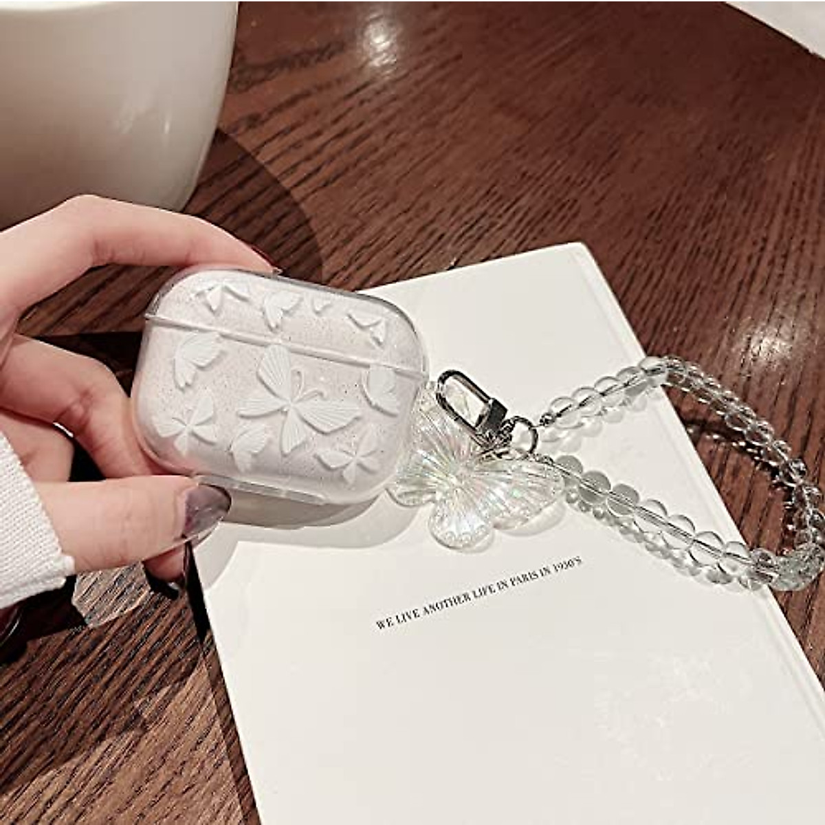 MINSCOSE Cute Airpod pro Clear Case with Keychain, Bling Glitter Butterfly Pattern Design Soft Silicone Smooth Shockproof Charging Case for Girls Women